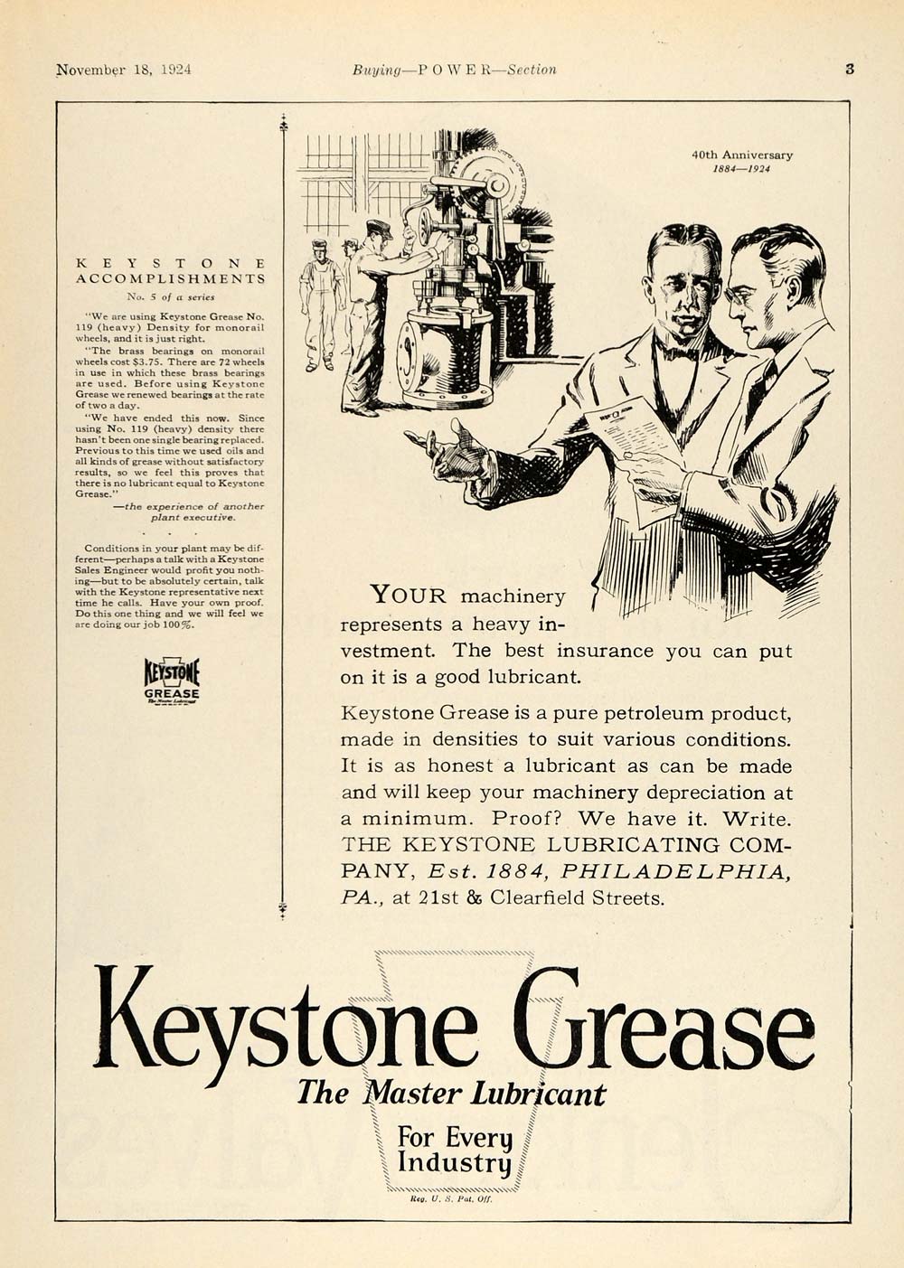 1924 Ad Keystone Lubricating Grease 40th Anniversary - ORIGINAL ADVERT ...