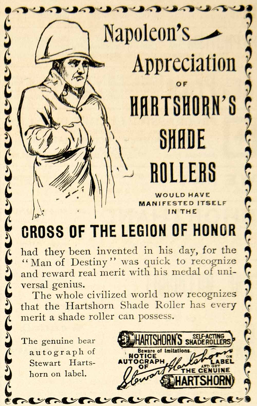 1895 Advert Hartshorn's Window Shade Rollers Napoleon Stewart Legion H ...