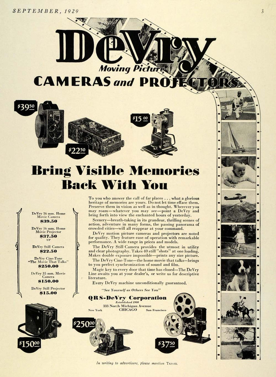 1929 Ad Vintage Devry Cameras Slide Projectors Moving Pictures Memorie ...