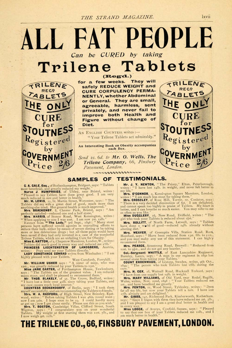 1903 Ad All Fat People Trilene Tablets Cure Stoutness - ORIGINAL TSM2 ...