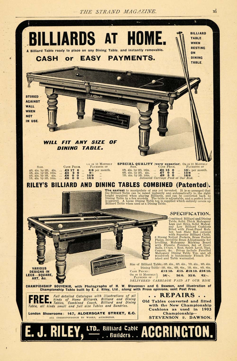 1903 Ad E. J. Riley Antique Billiard Tables Size Price - ORIGINAL TSM2 ...