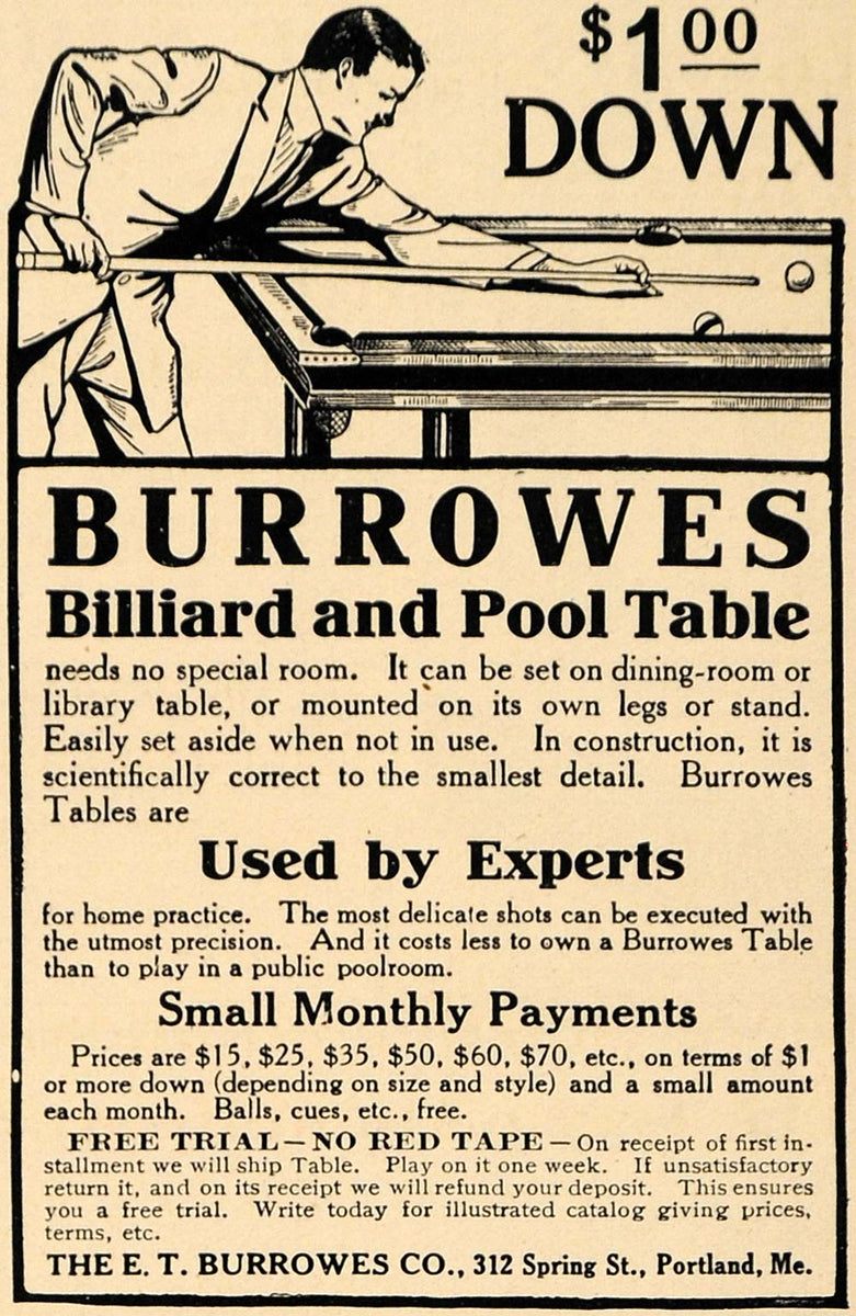 1912 Ad Burrowes Billiard Pool Table Portland ME Games - ORIGINAL TW1 ...