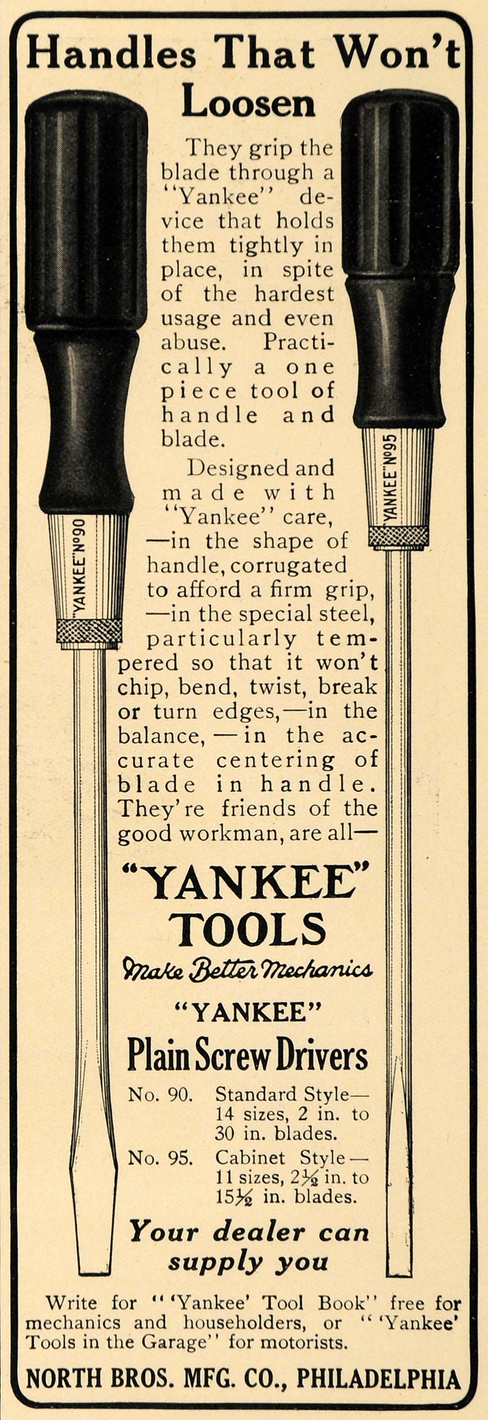 1914 Ad North Brothers Yankee Tool Screw Drivers PA - ORIGINAL ADVERTI ...