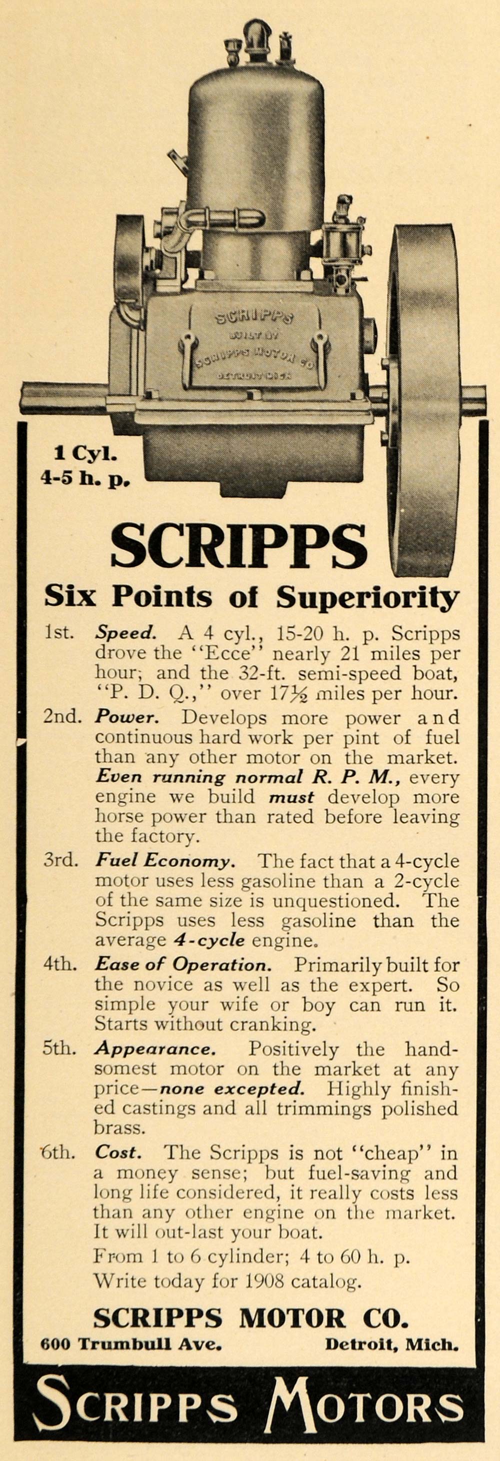 1908 Ad Scripps Motors 4 Cylinder 4-5 HP Engine Detroit - ORIGINAL TW1 ...