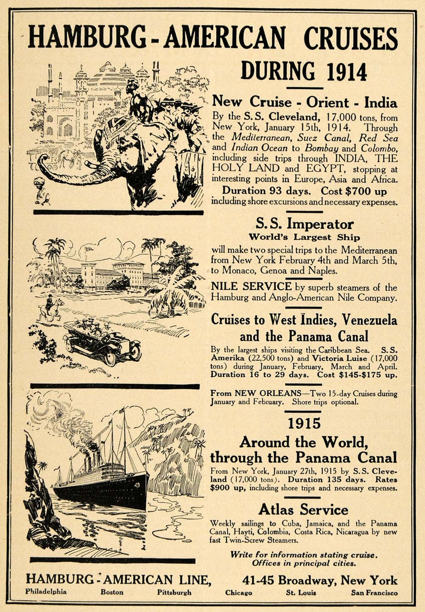 1913 Ad Hamburg-American Cruises Orient India Venezuela - ORIGINAL TW3 ...