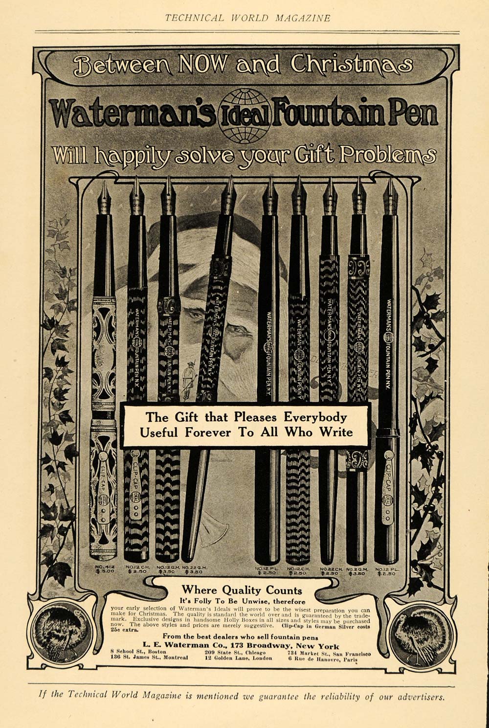 1908 Ad L E Waterman Co. Fountain Pen Christmas Santa - ORIGINAL ADVER ...