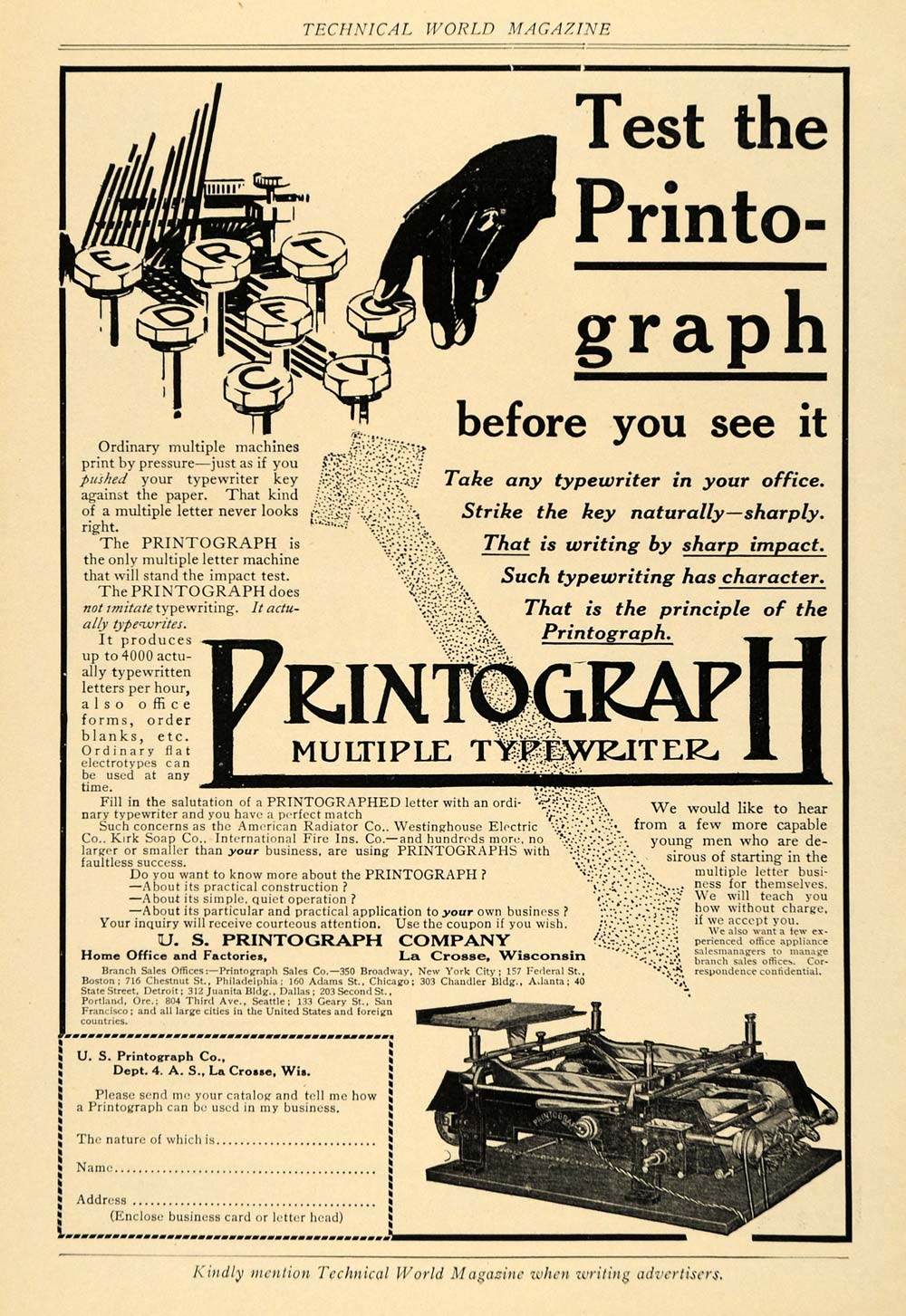 1911 Ad Printograph Typewriter La Crosse Office Typist - ORIGINAL TW3 ...
