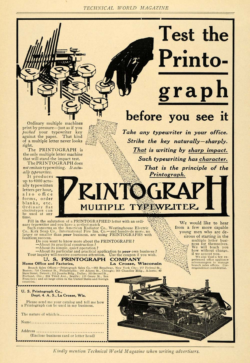1911 Ad Printograph Typewriter La Crosse Office Typist - ORIGINAL TW3 ...