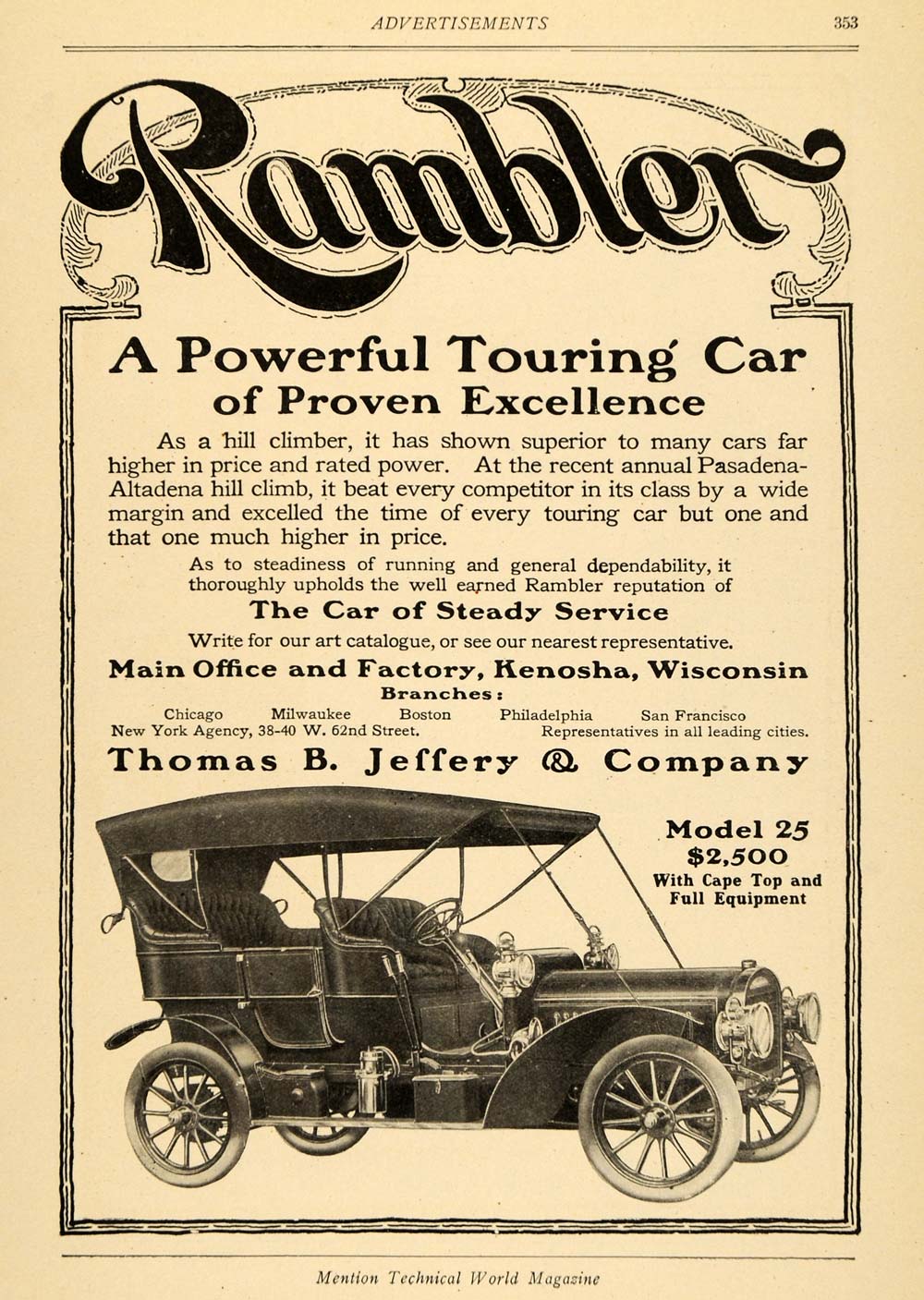 1907 Ad Rambler Thomas Jeffery Kenosha Model 25 Car - ORIGINAL ADVERTI ...