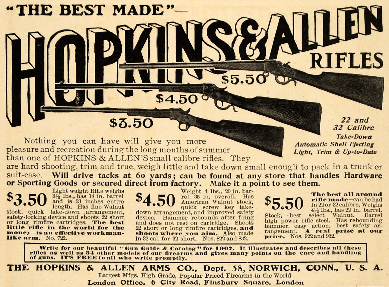 1907 Ad Hopkins Allen Rifles Norwich Firearms Pricing - ORIGINAL ADVER ...