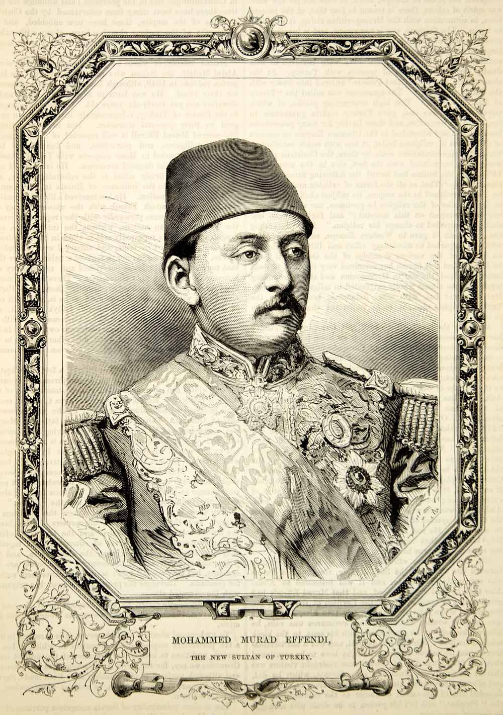 1876 Wood Engraving Murad V Mohammed Murad Effendi Sultan Ottoman Empi – Period Paper Historic ...
