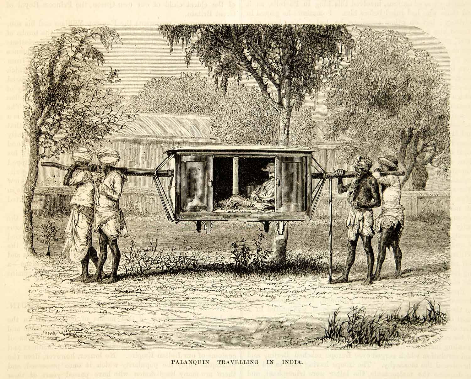 1876 Wood Engraving Antique Palanquin Litter Indian Bearers Transporta ...
