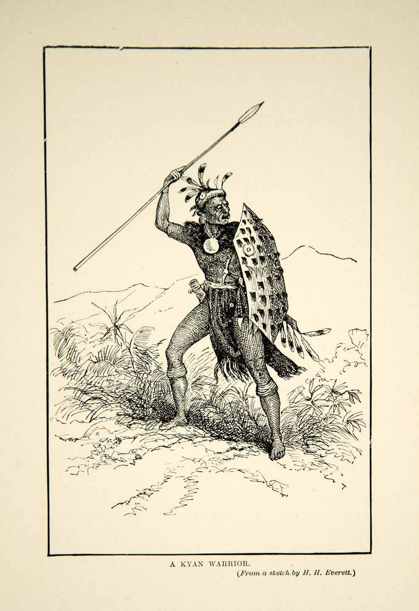1910 Wood Engraving Kayan Warrior Spear Shield Indigenous People Borne ...