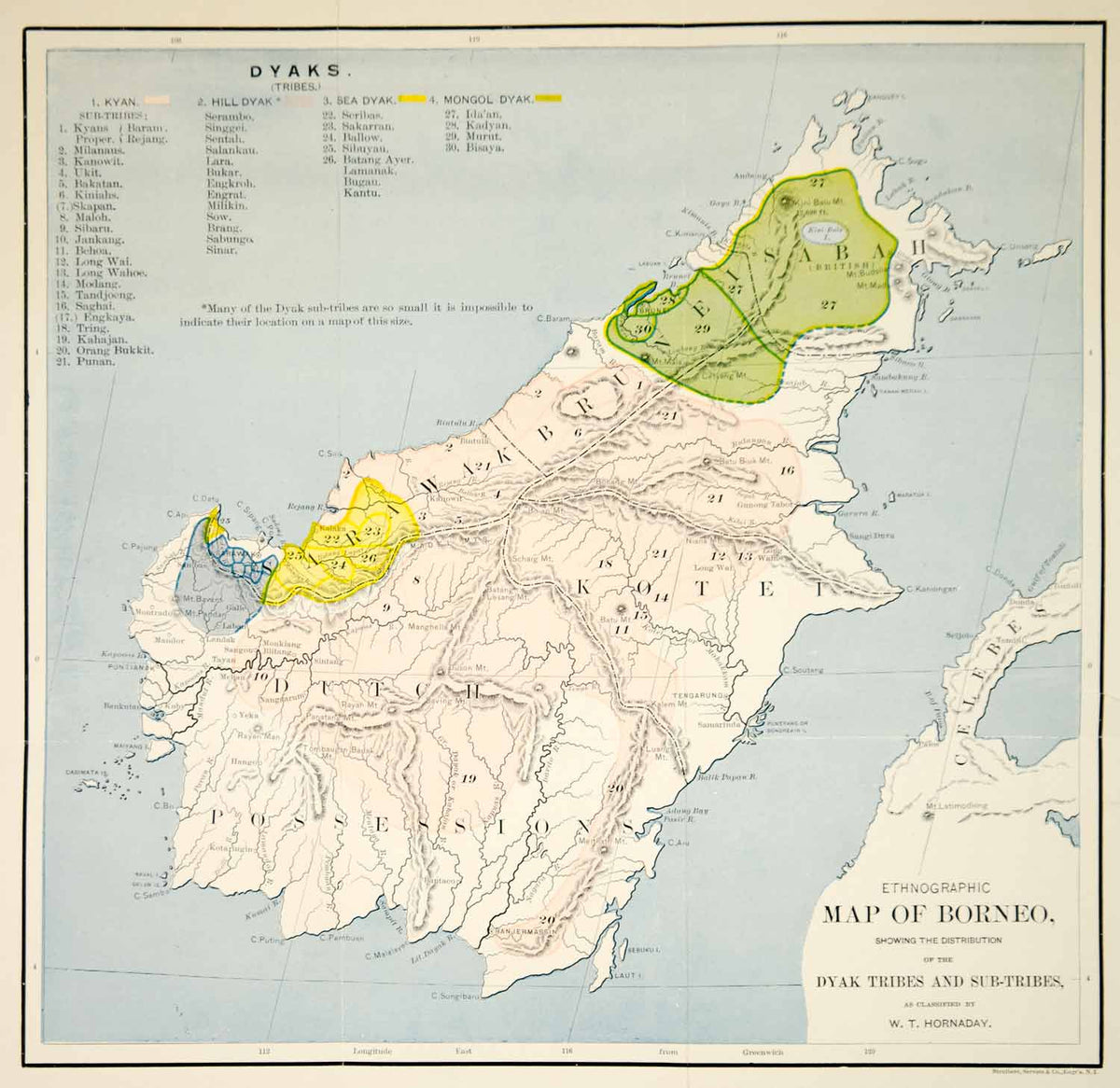 1910 Lithograph Map Borneo Ethnological Dayak Tribes Indigenous People ...