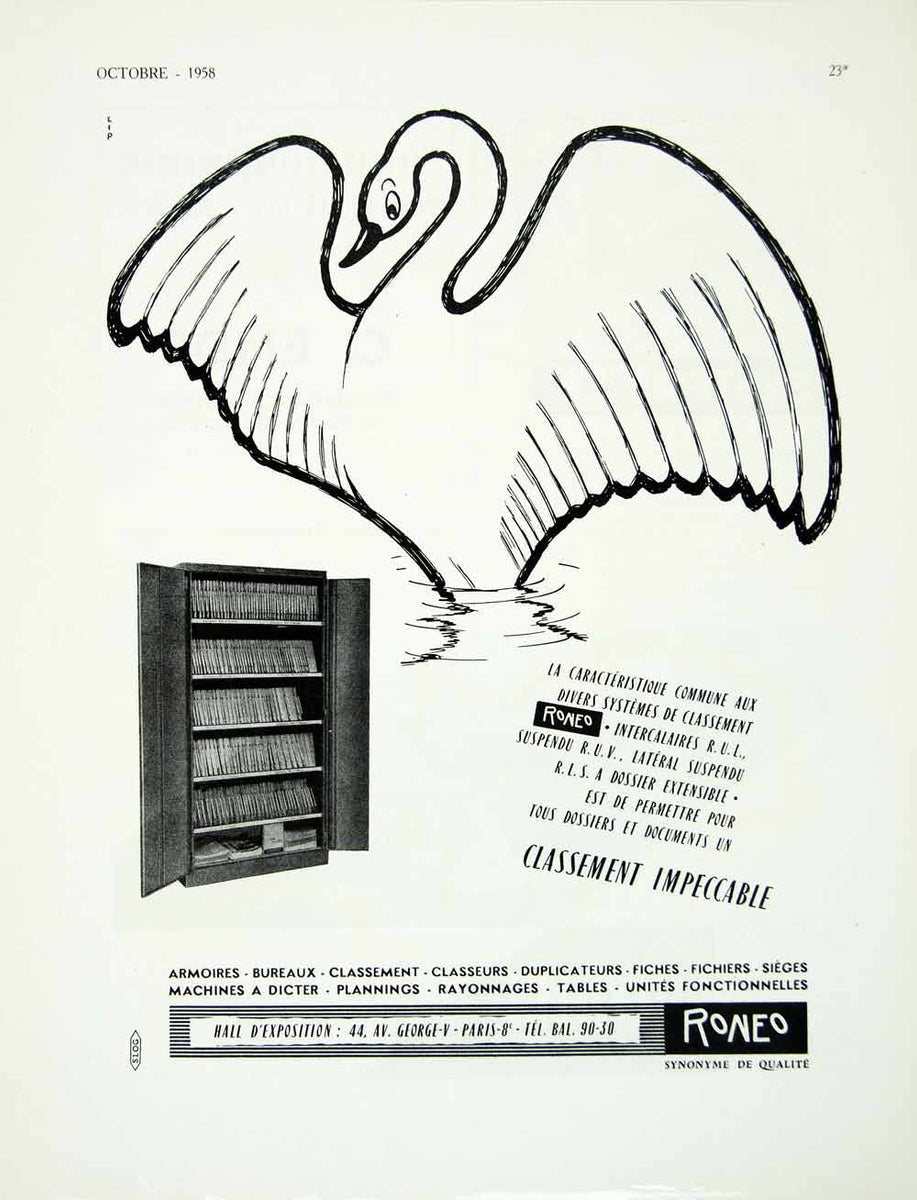 1958 Ad Roneo Swan Filing Cabinet Bird French Office Furniture Files V ...