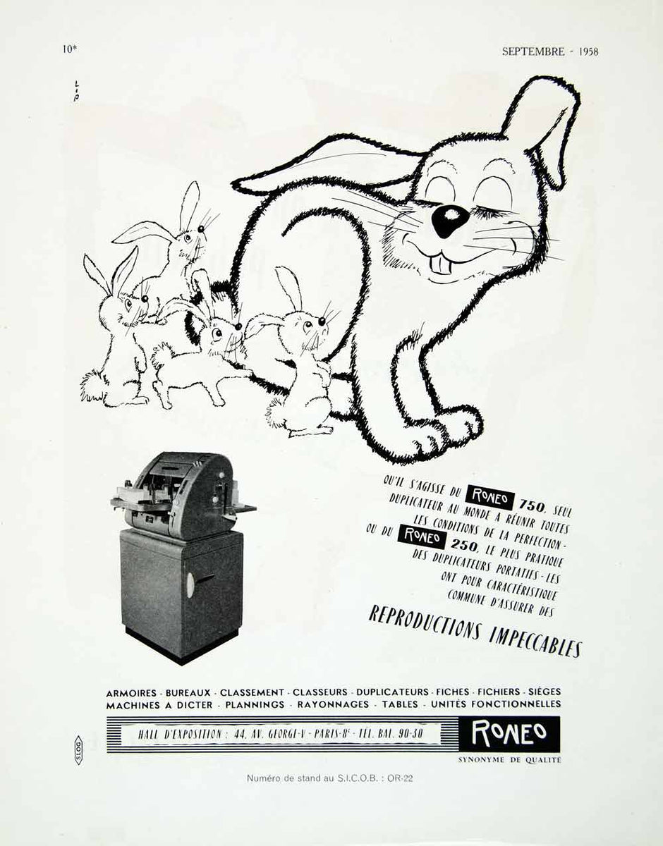 1958 Ad Roneo Rabbit Bunnies Copying Machine Photocopier French Babies ...