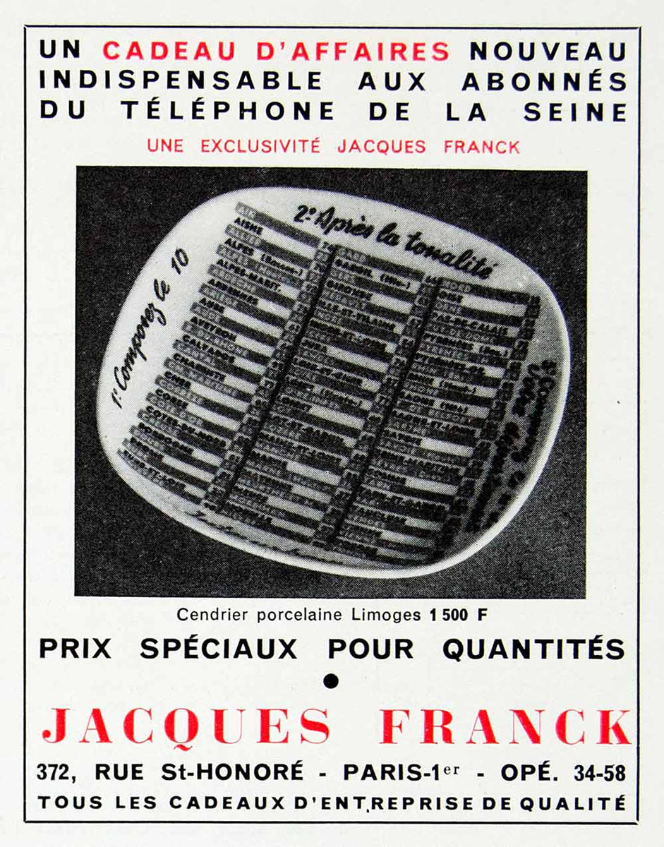 1958 Ad Jacques Franck Porcelain Ashtray 372 Rue St-Honore Paris Busin ...