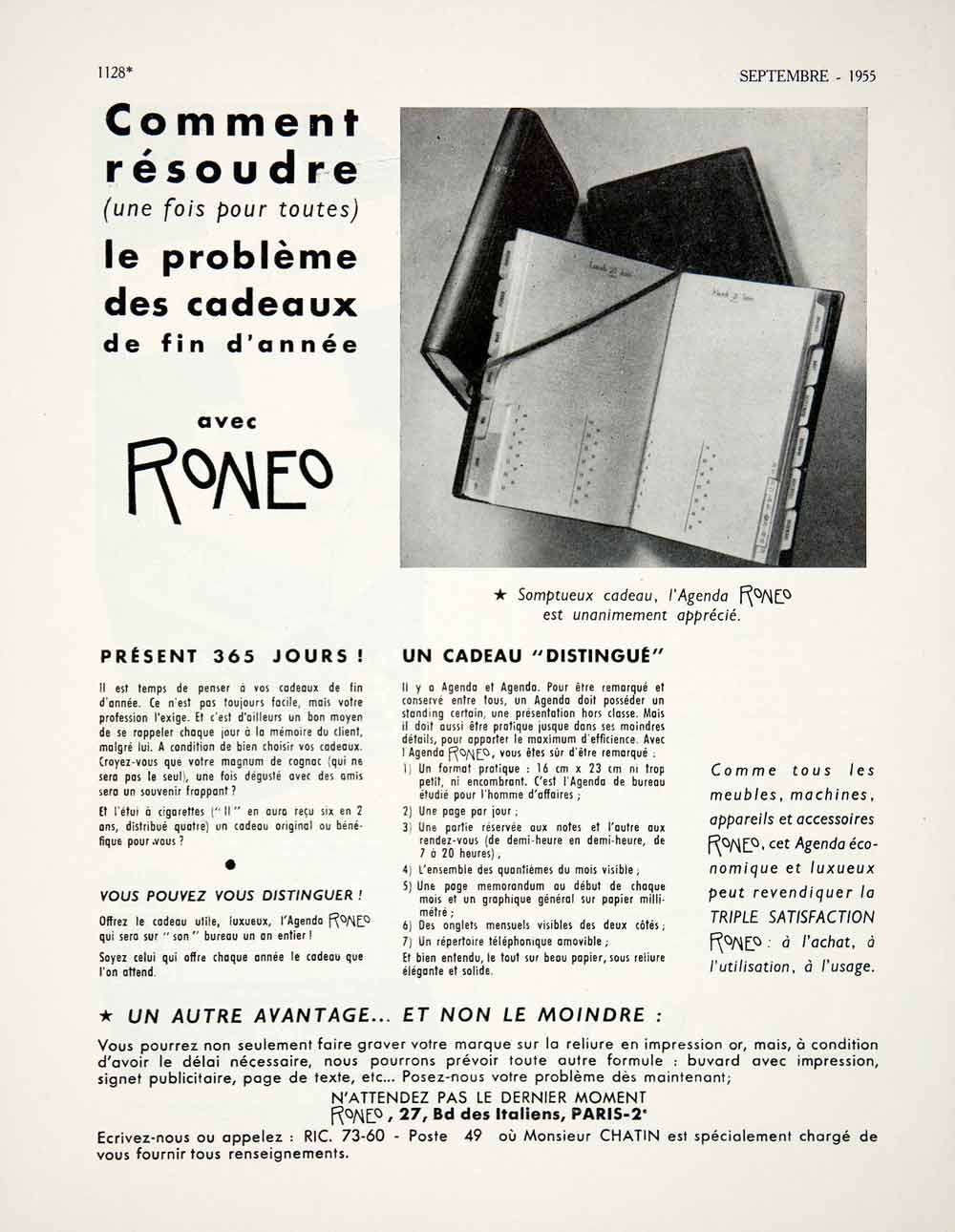 1955 Ad Roneo French Advertisement Planner Daily Notebook Present Pari ...