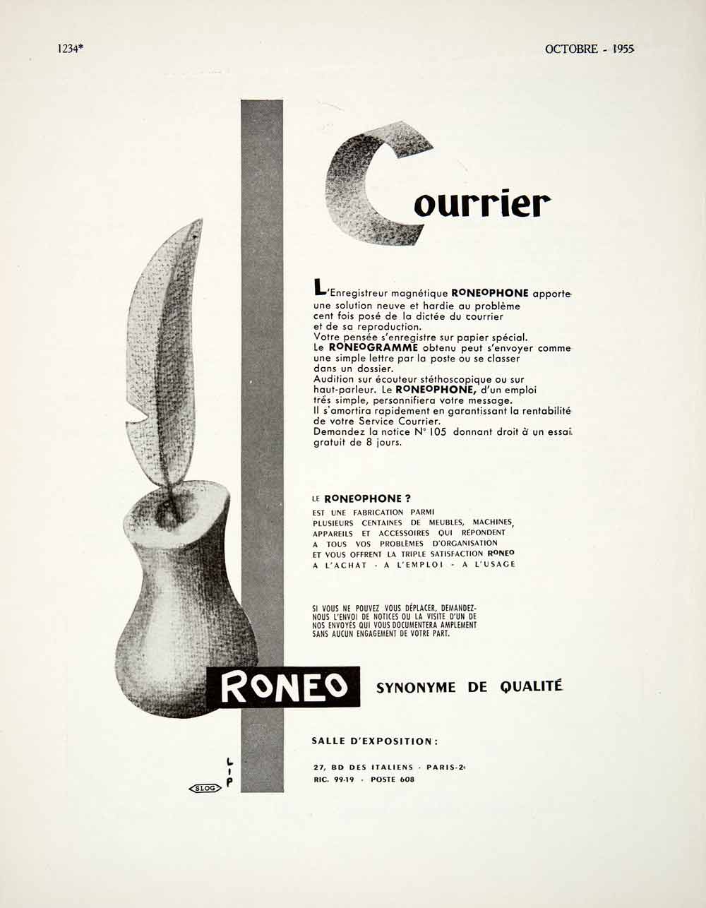 1955 Ad Courrier Roneo Roneophone Roneogramme French Advertising VEN2 ...