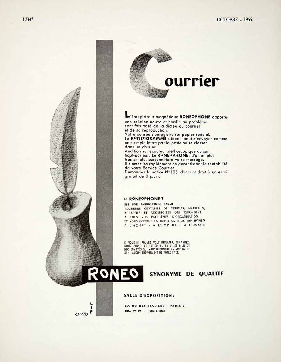 1955 Ad Courrier Roneo Roneophone Roneogramme French Advertising VEN2 ...