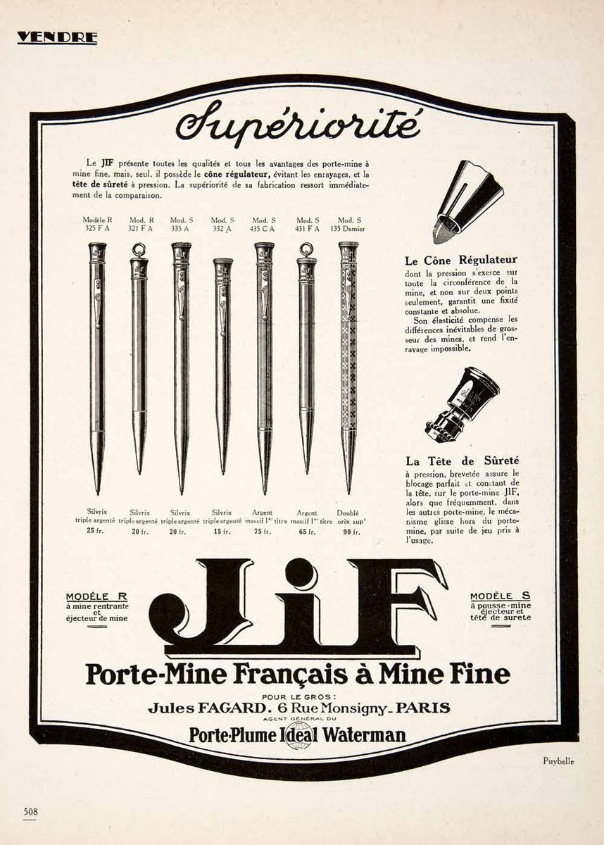 1924 Ad Jif Mechanical Pencil Silvrix Jules Fagard 6 Rue Monsigny Pari ...