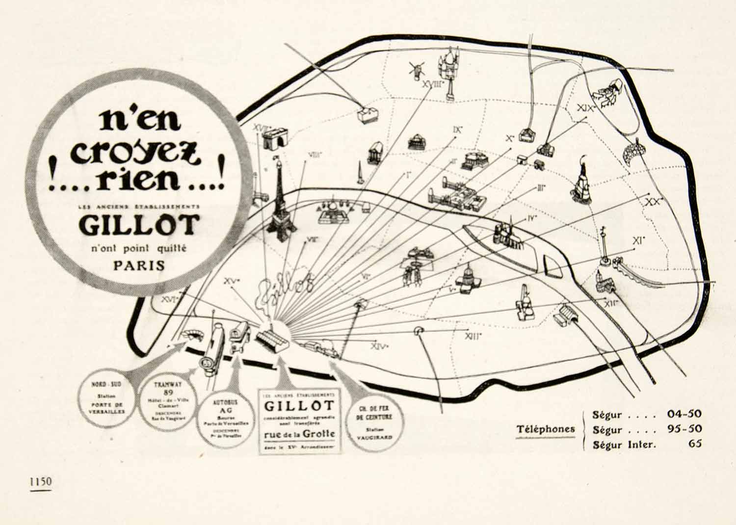 1924 Ad Gillot Paris Map Tour Eiffe Notre Dame Seine Louvre Arc VEN3 ...
