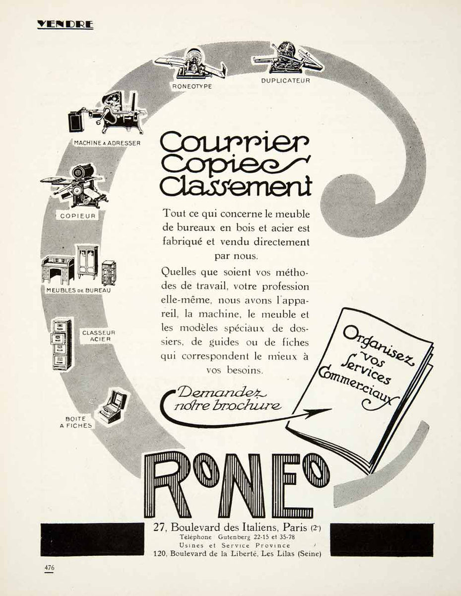 1925 Ad Roneo 27 Boulevard Italiens Paris Roneotype Furniture Cabinet ...