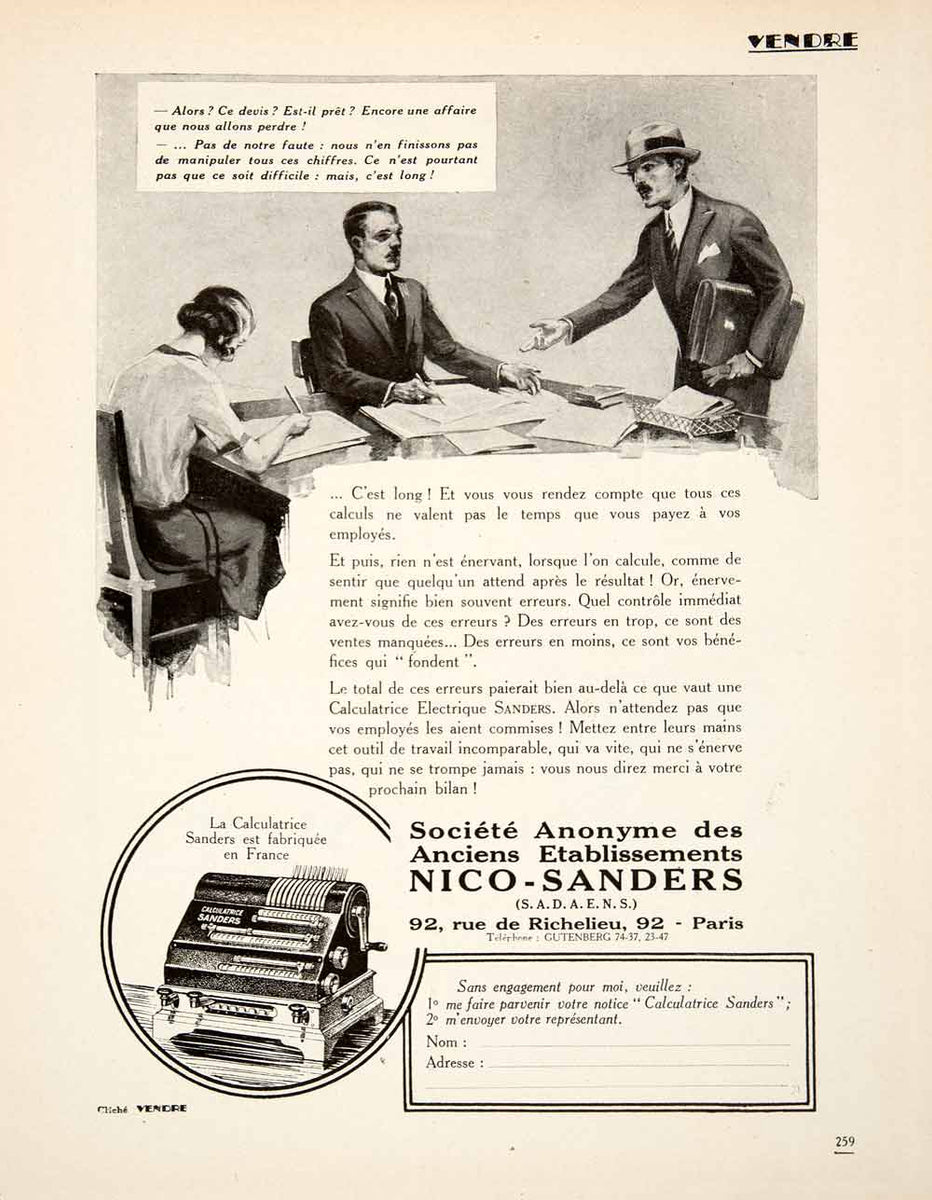 1926 Ad Nico Sanders 92 Rue Richelieu Paris Calculation Machine Accoun ...