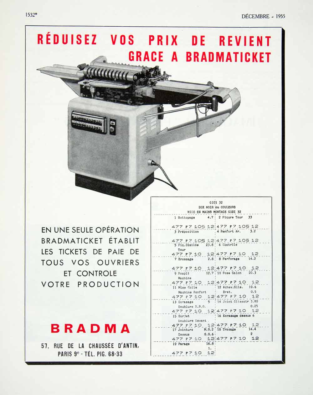 1955 Ad Bradma Bradmaticket Machine Paystub Machine Industrial French ...