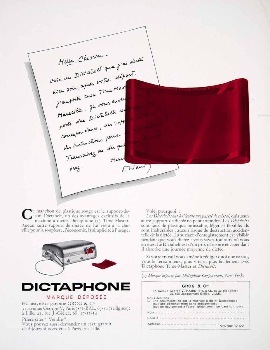 1956 Ad Dictaphone Dictabelt Armrest Support Ergonomic Grog French Mac ...