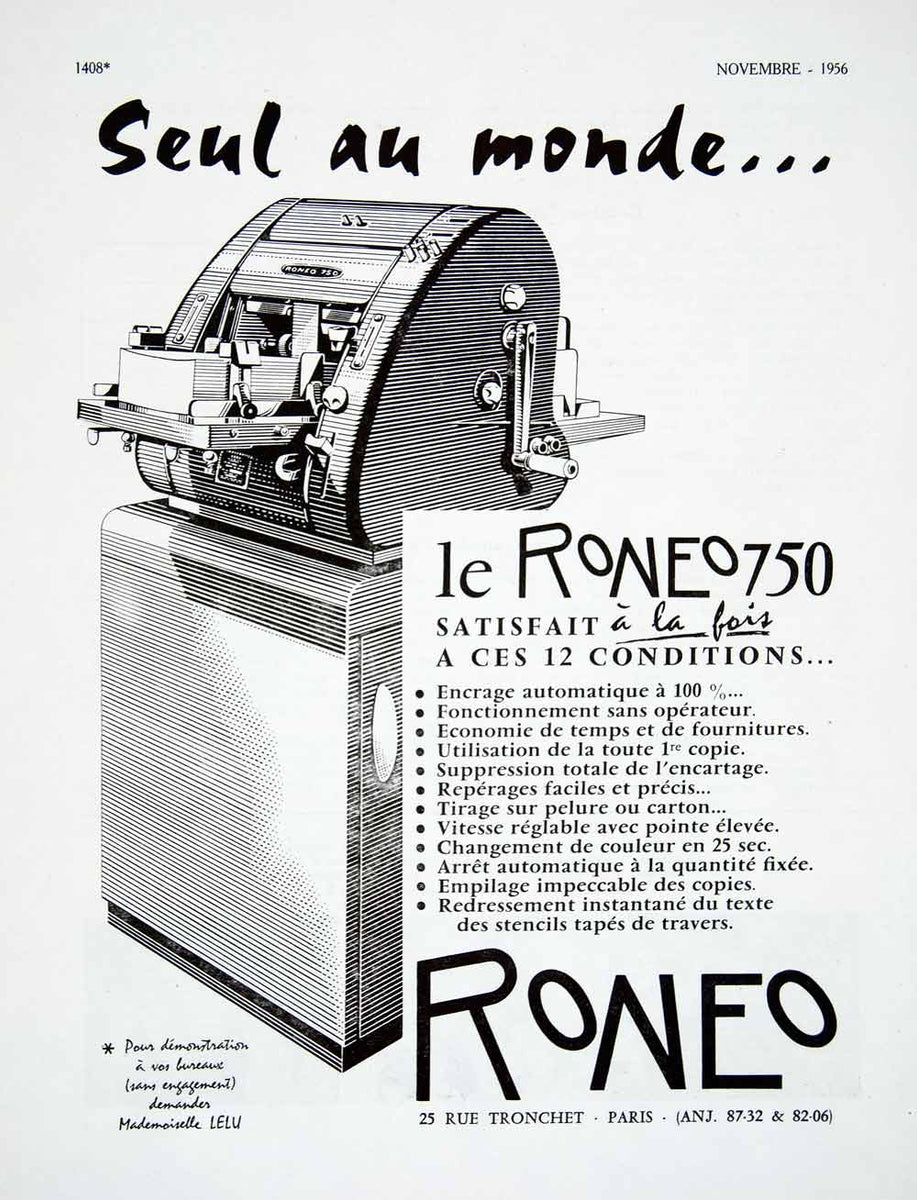 1956 Ad Roneo French Machine 25 Rue Tronchet 750 Copier Advertising VE ...