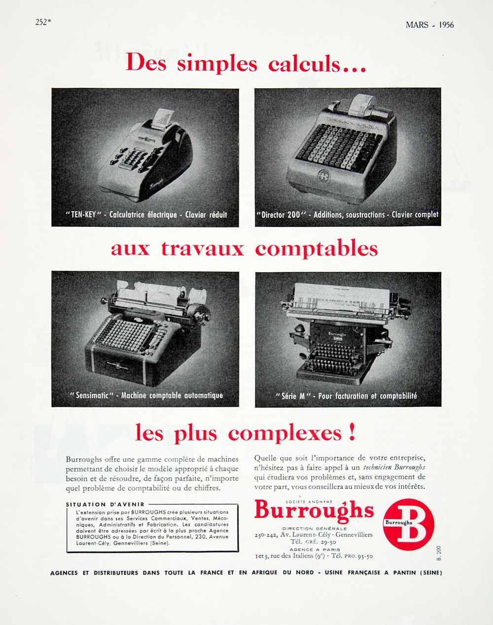 1956 Ad Burroughs Calculating Machines French Vintage Sensimatic Direc ...