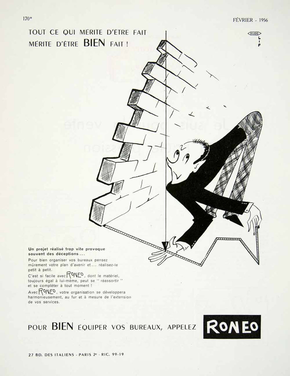 1956 Ad Roneo Office Furniture Wall French Man Advertisement Building ...