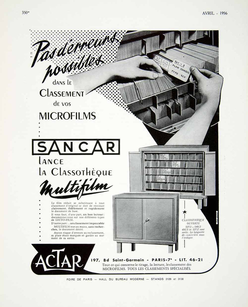 1956 Ad Actar Sancar Microfilm Organization Filing Cabinet French Furn ...