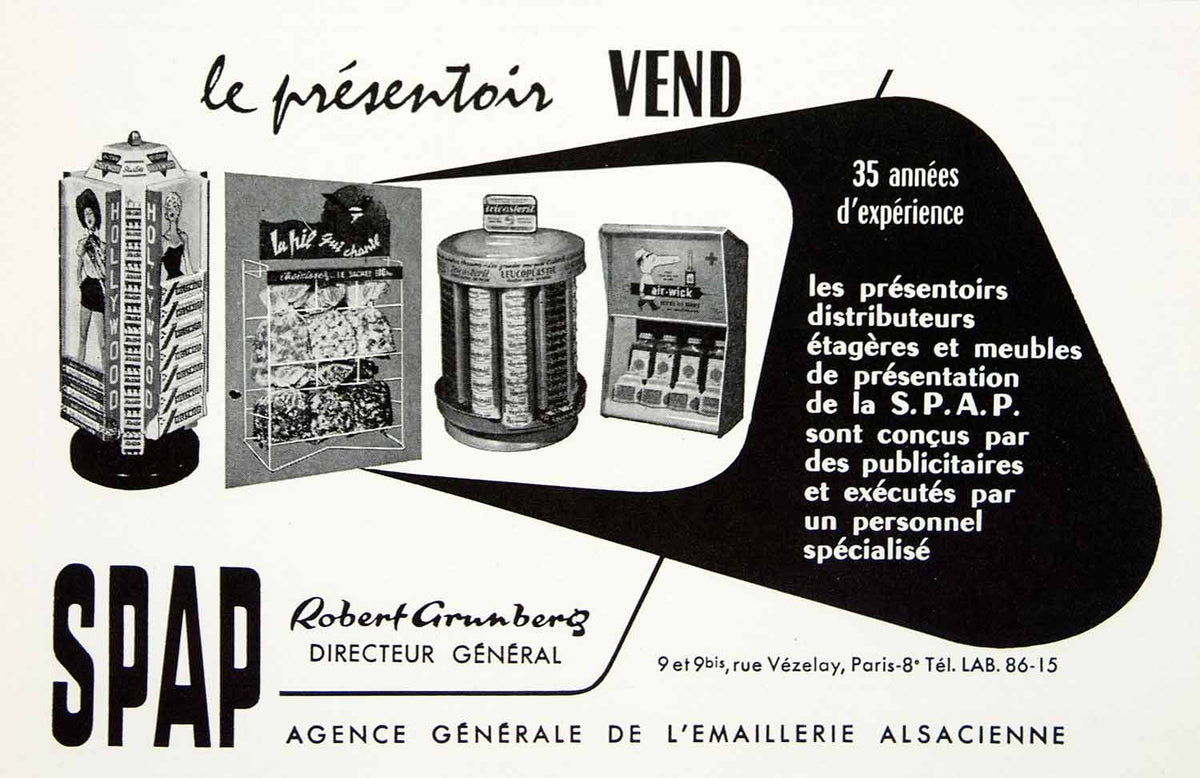 1956 Ad SPAP Robert Grunberg Display Cases Shelving French Fifties VEN ...