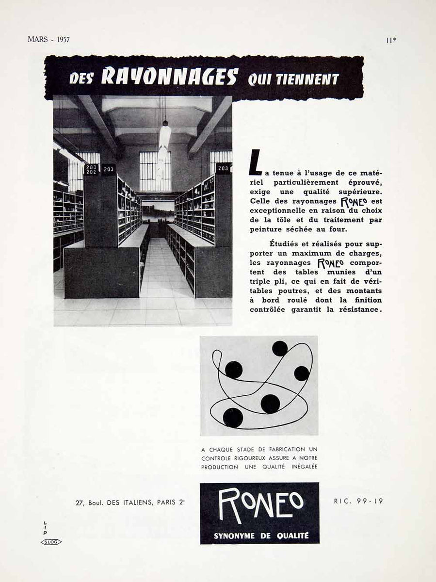 1957 Advert Roneo Shelving 27 Boulevard Italiens Paris Office Furnitur ...