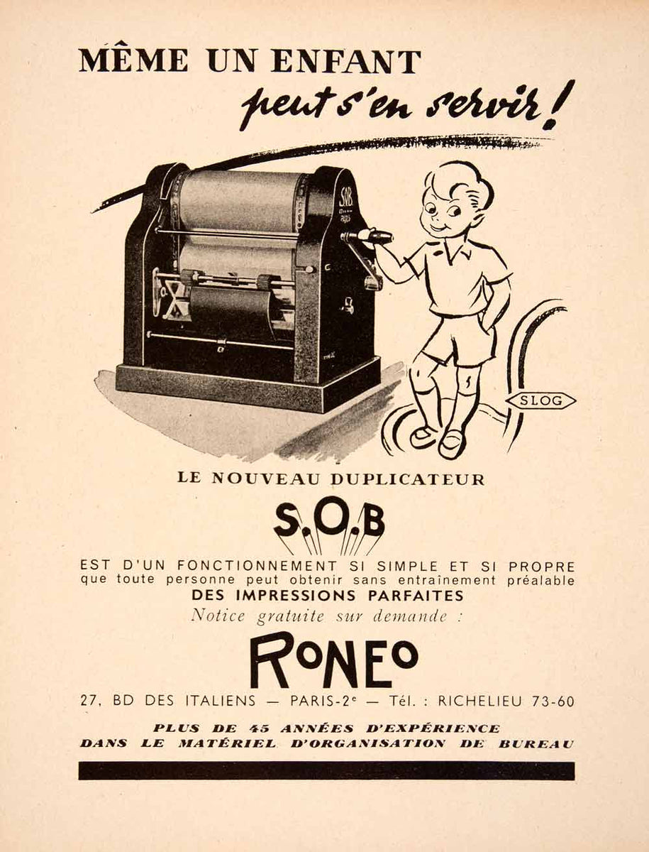1948 Ad Roneo Slog Duplicator French Advertising Child Crank 27 Blvd V ...