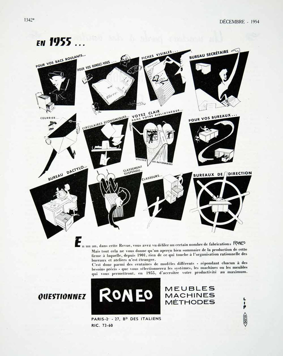 1954 Ad Roneo Office Furniture Filing Cabinet Desk 27 Boulevard Italie ...