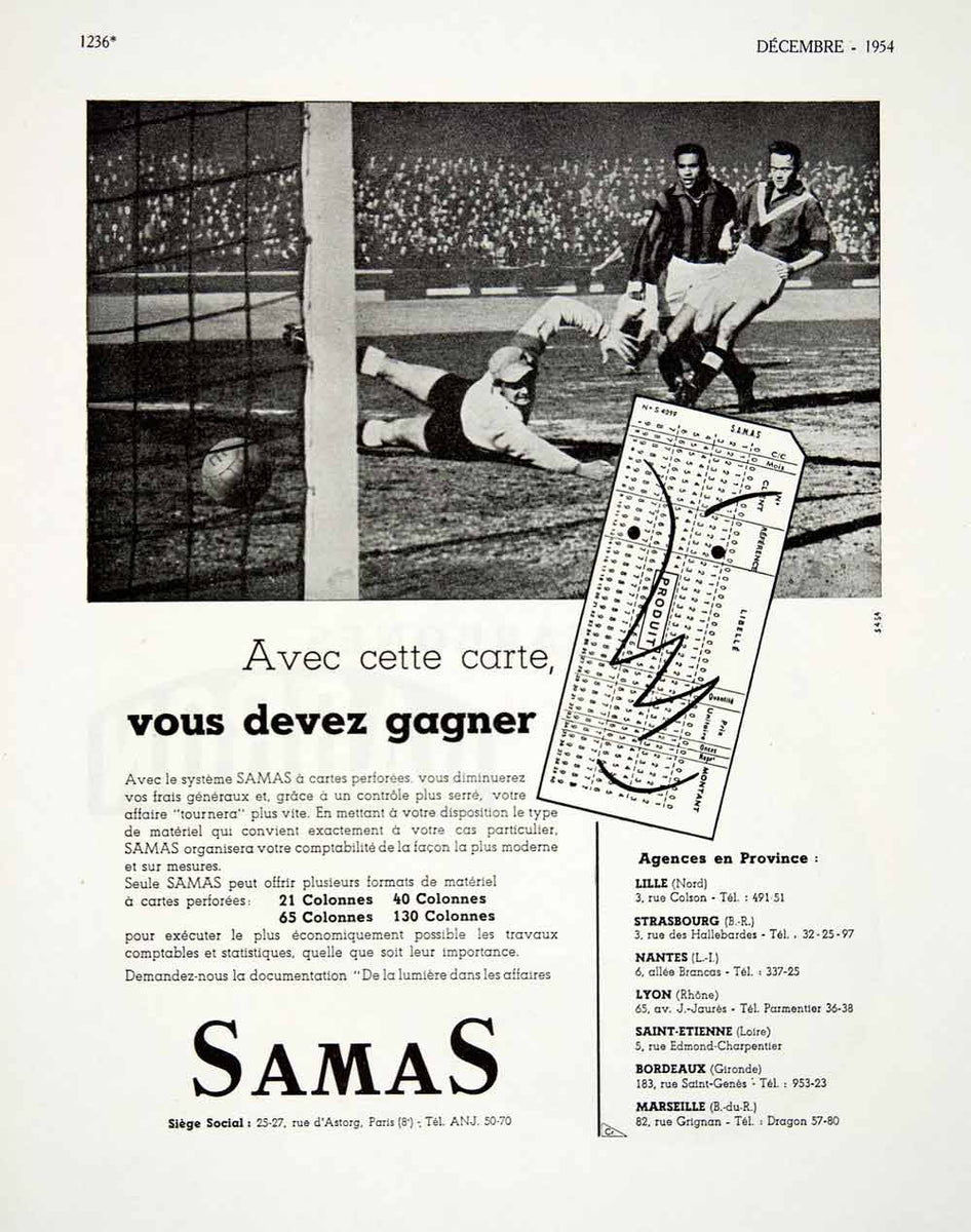 1954 Ad Samas 25 Rue D'Astorg Paris Soccer Football Perforated Order C ...