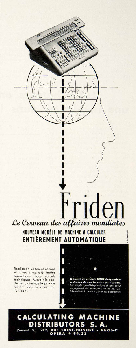 1953 Ad Friden Calculating Machine 219 Rue Saint-Honore Office Machine ...