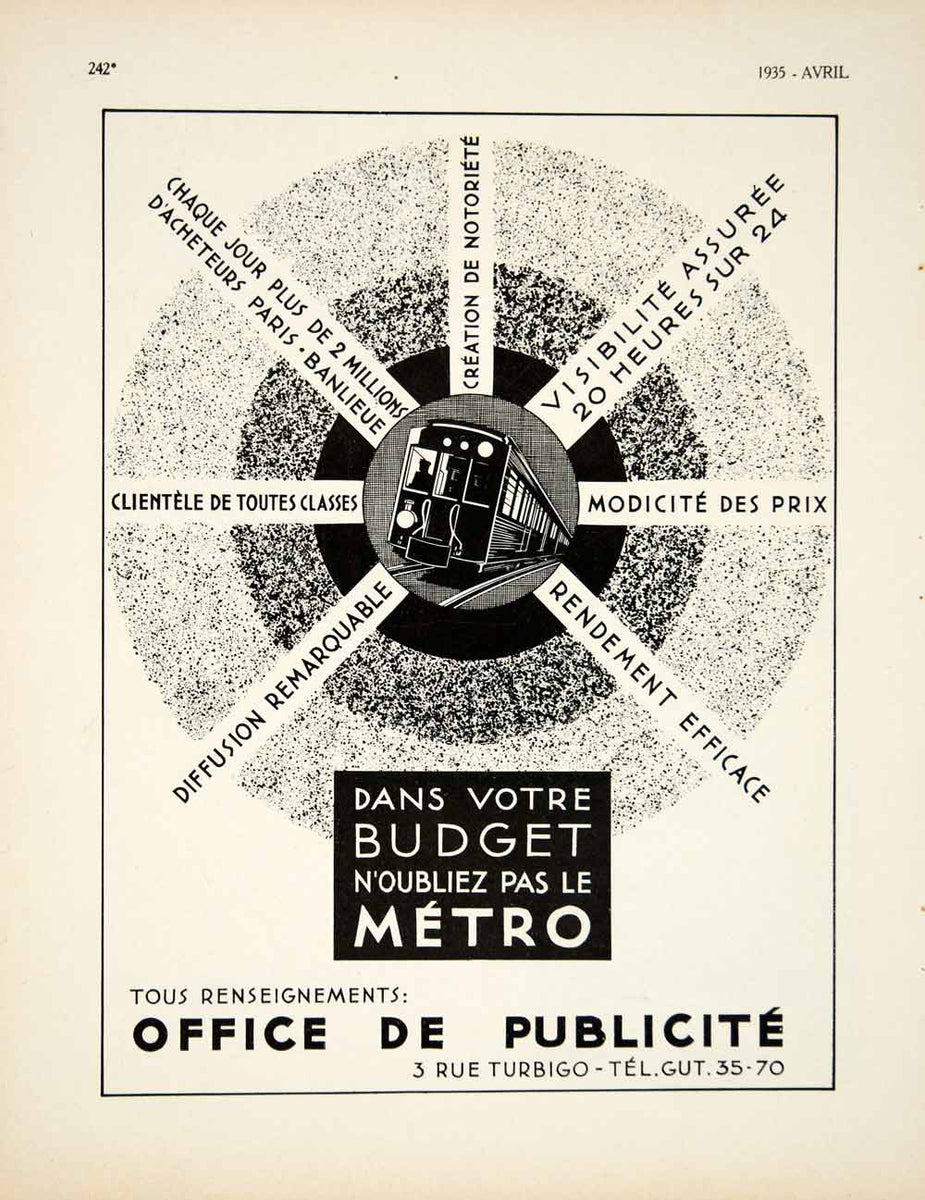 1935 Ad Vintage French Paris Metro Metropolitain Advertising Publicite ...