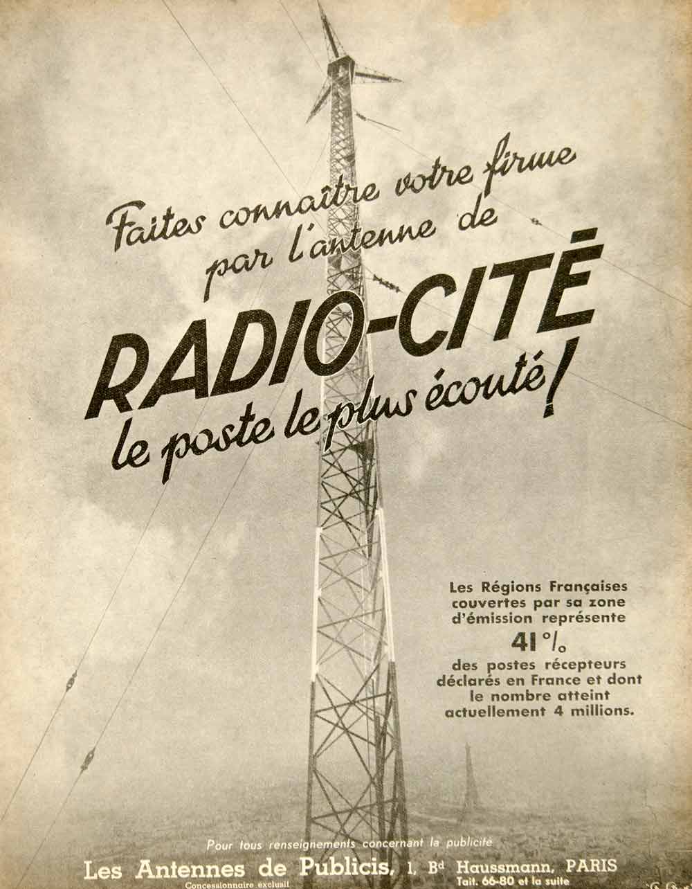 1937 Ad Vintage Radio-Cite French Radio Station Paris Broadcasting Ant ...