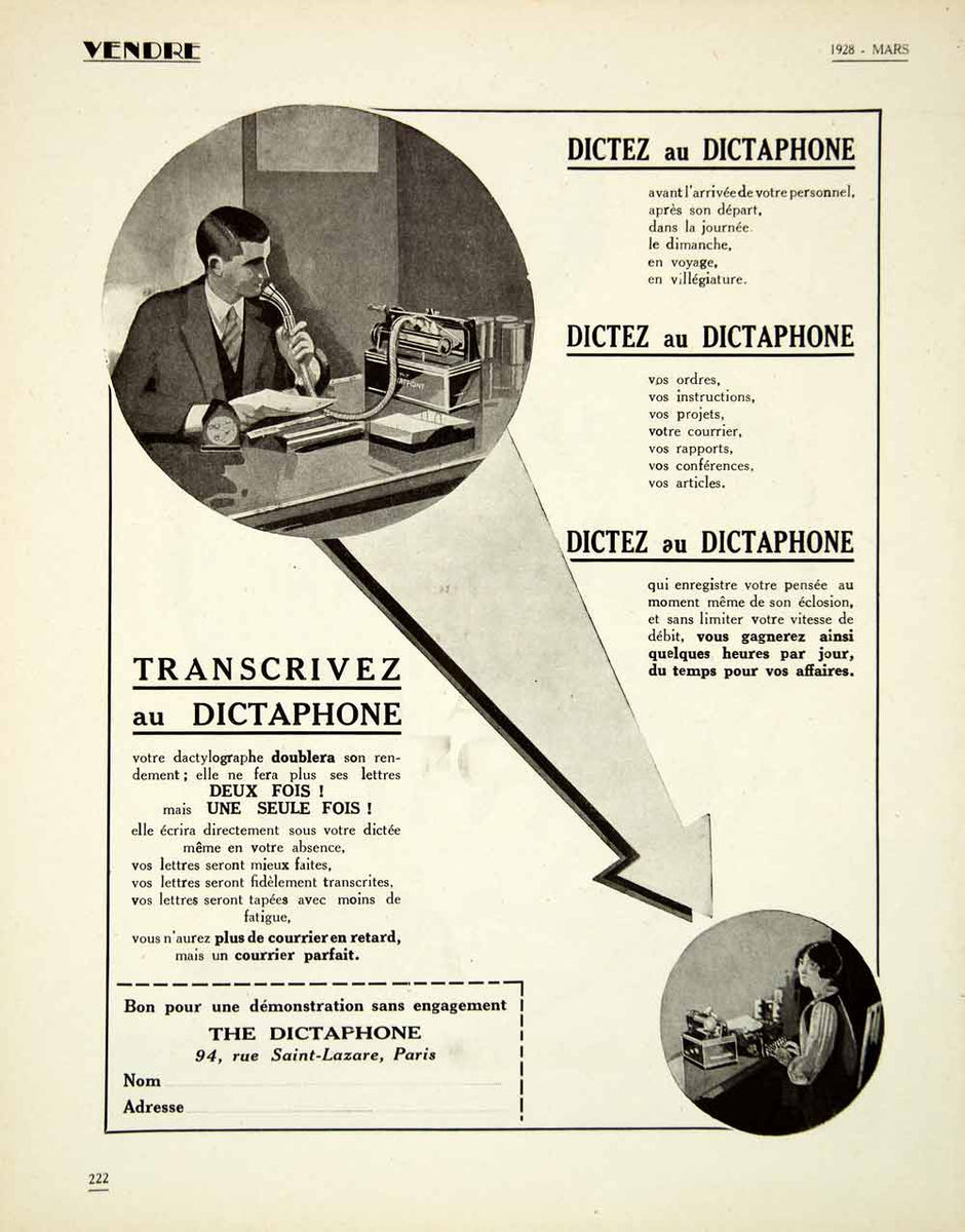 1928 Ad Dictaphone Recorder 94 Rue Saint-Lazare Paris Office Dictation ...