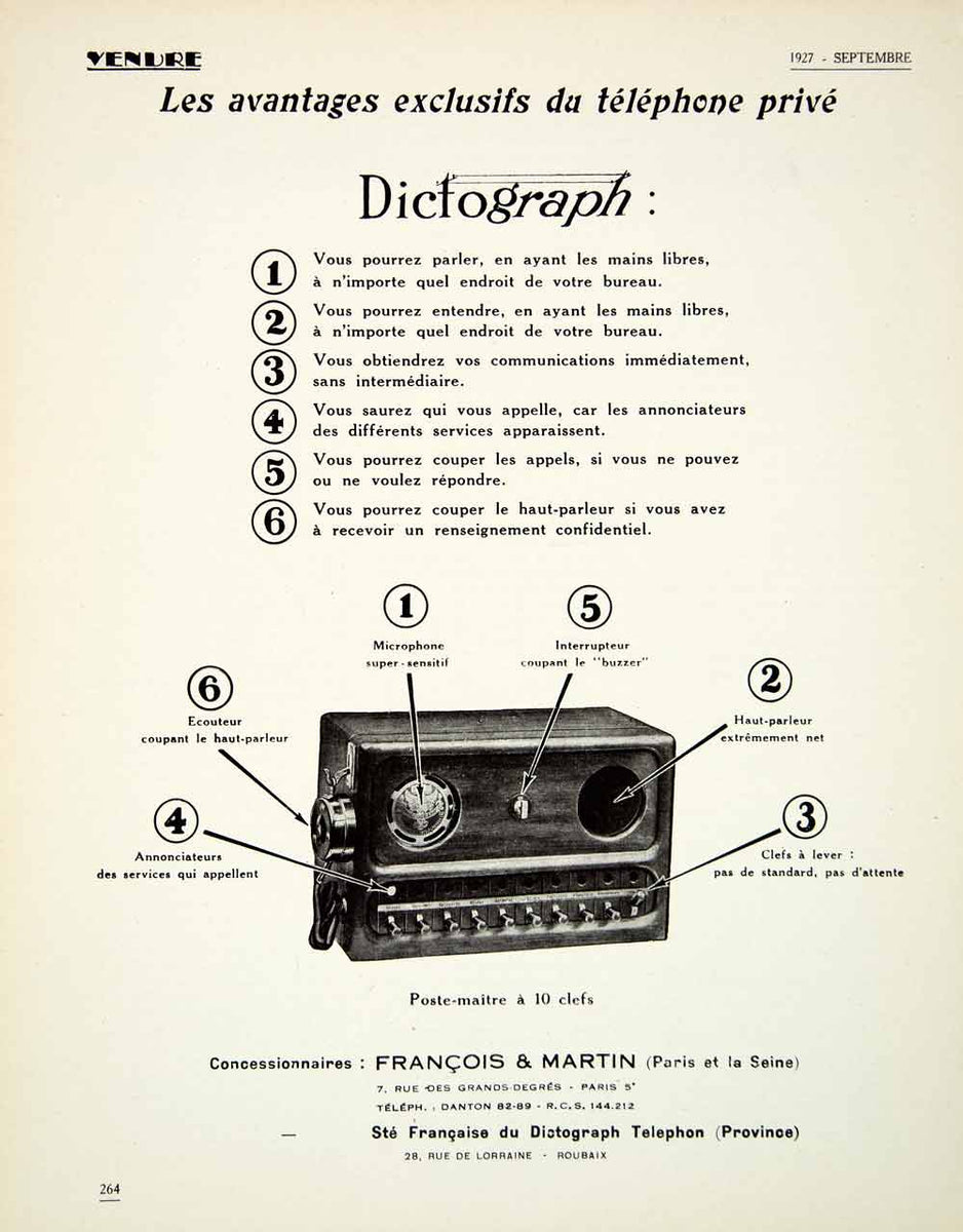 1927 Ad Dictograph Francois Martin Recorder Dictation machine 26 Rue V ...
