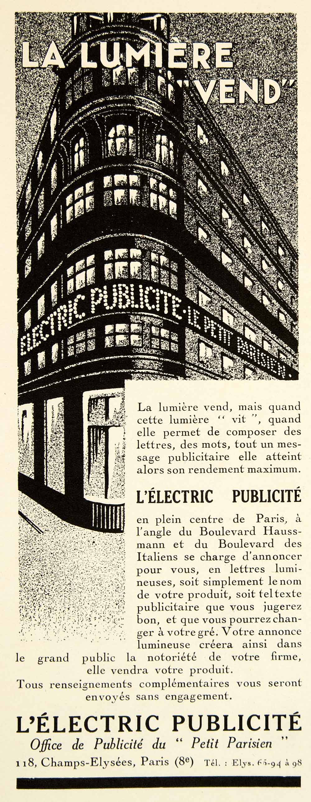 1930 Ad Electric Publicite Light Advertising 118 Champs-Elysees Paris ...