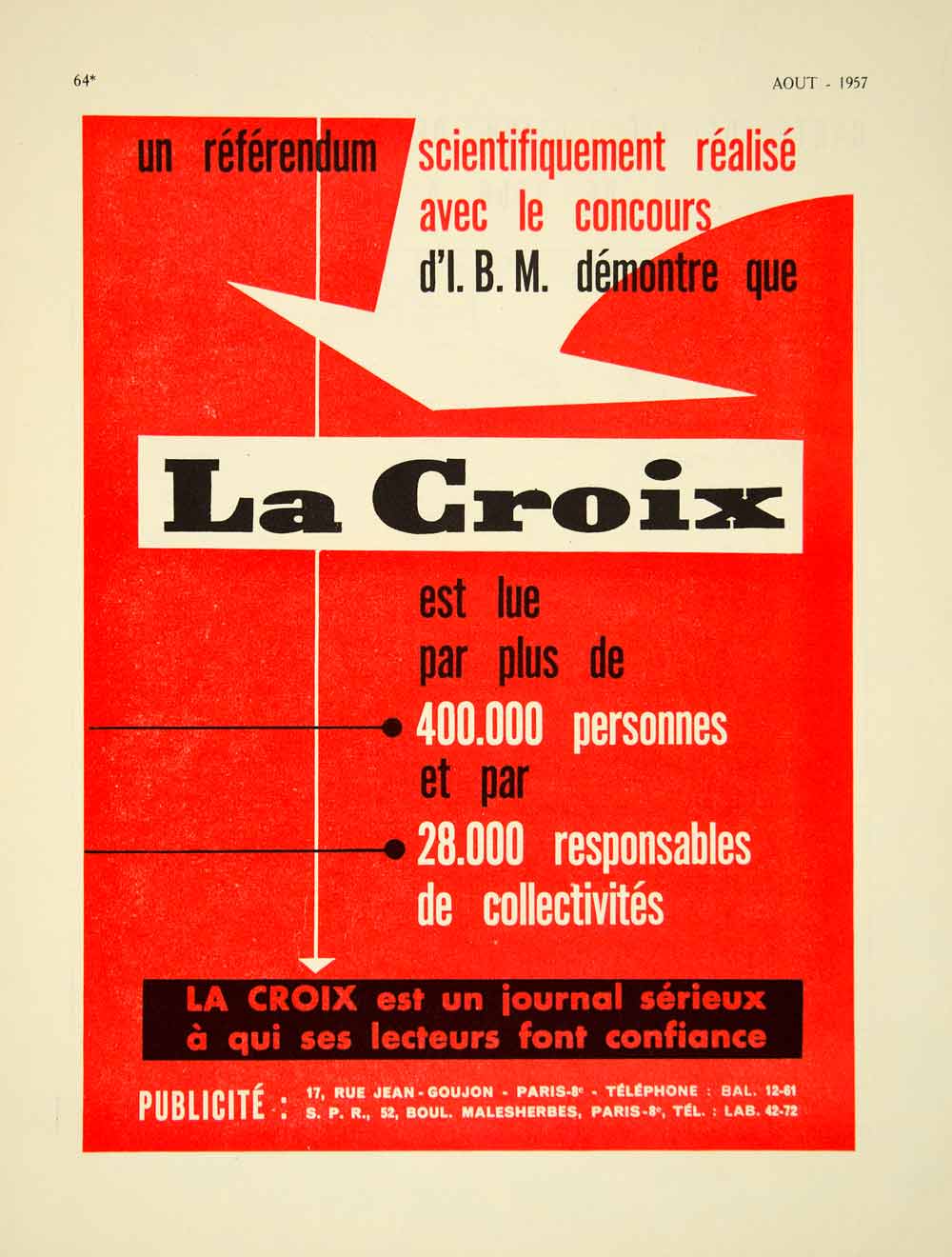1957 Ad French Advertisement La Croix Publicite France Journal Newspap ...