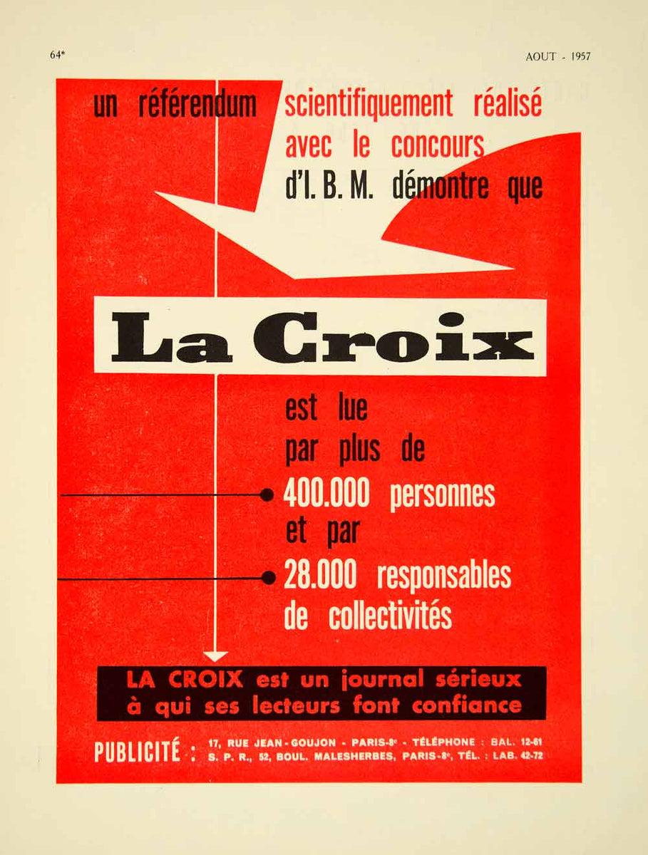 1957 Ad French Advertisement La Croix Publicite France Journal Newspap ...