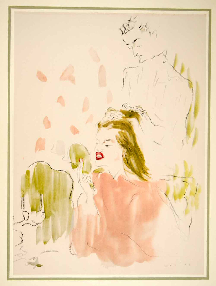 1941 Hand-Colored Lithograph Marcel Vertes Art Woman Lips Vanity Haird ...