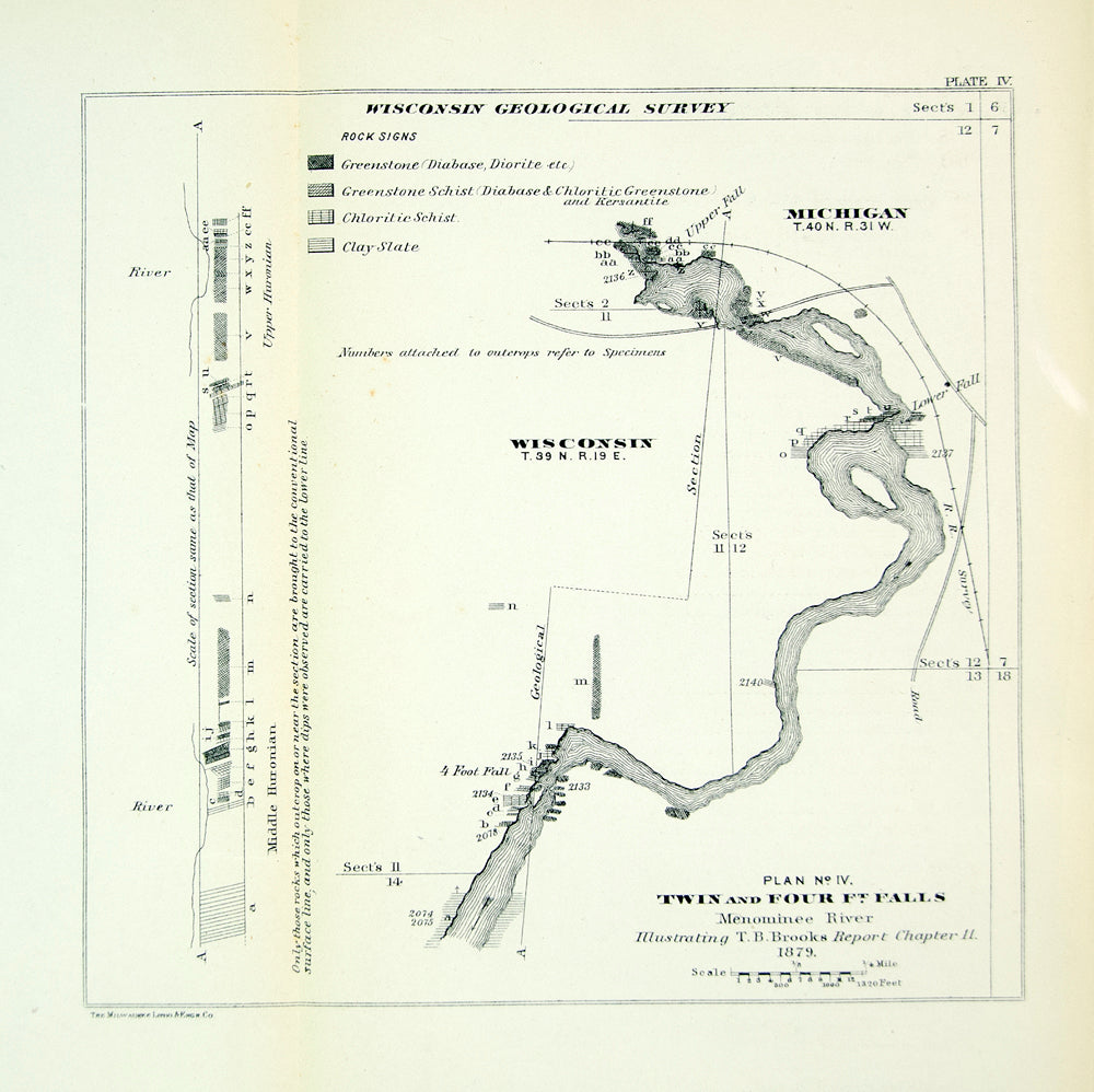 1880 Wood Engraved Map Wisconsin Geological Survey Menominee River Fal ...