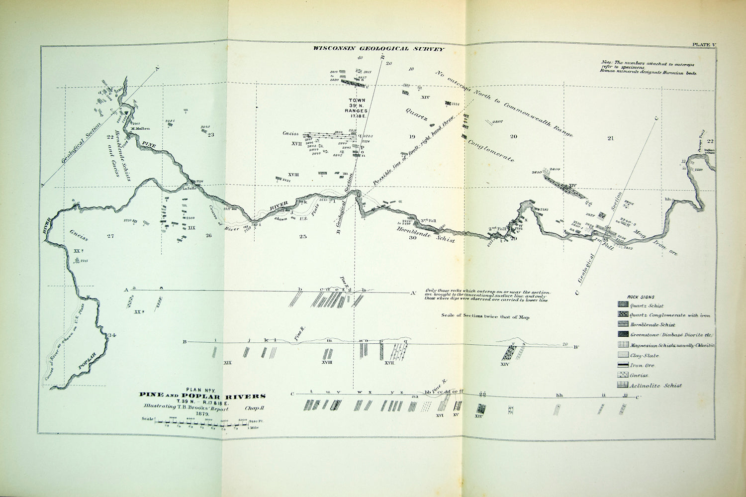 1880 Wood Engraved Map Wisconsin Geological Survey Pine Poplar River G ...